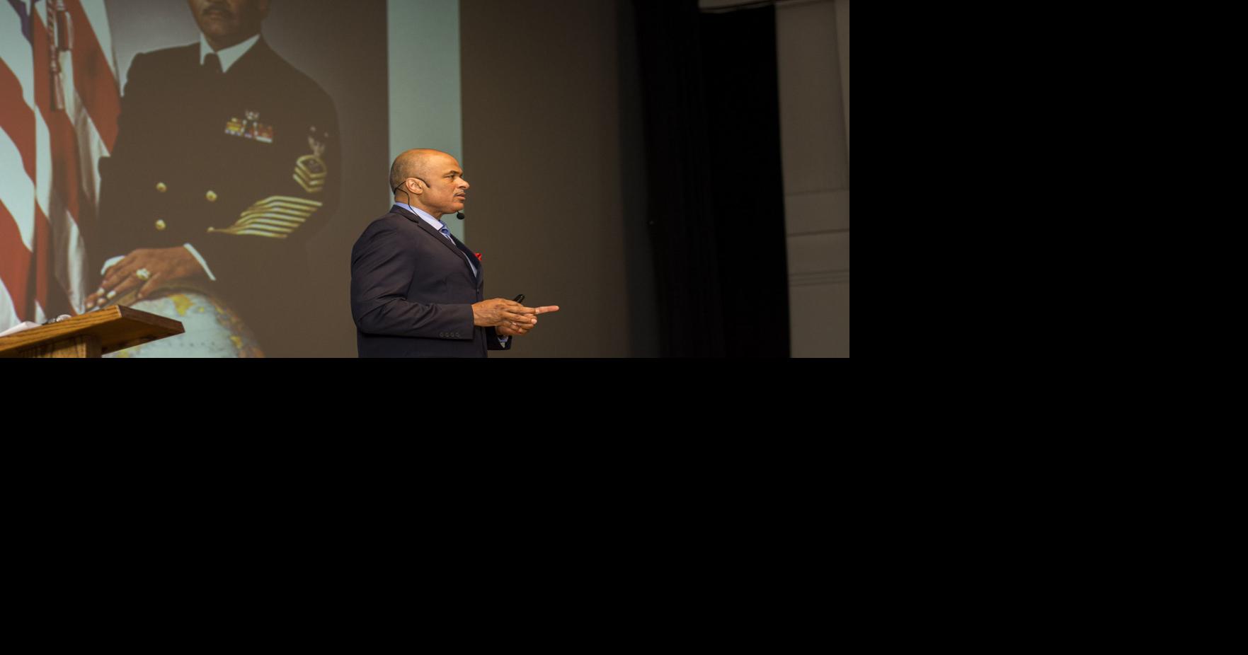 Phillip Brashear, son of retired Master Diver Carl Brashear speaks at ...