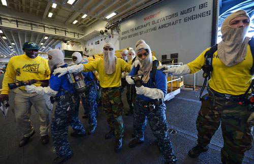 General Quarters drill simulates attack by enemy forces, compartment ...