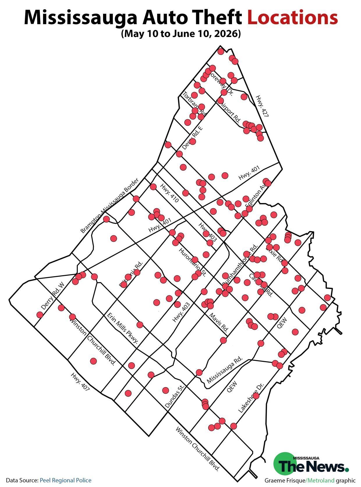 MAP: 197 cars stolen in Mississauga in 1 month, top targets