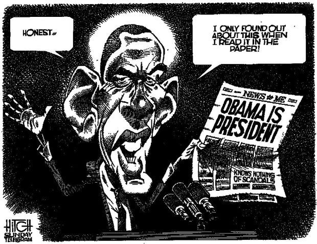 CARTOON: Obama claiming to know nothing at all until reading newspaper ...