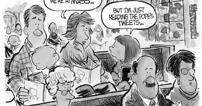 CARTOON: Handheld devices permissible in church if reading Pope's tweets