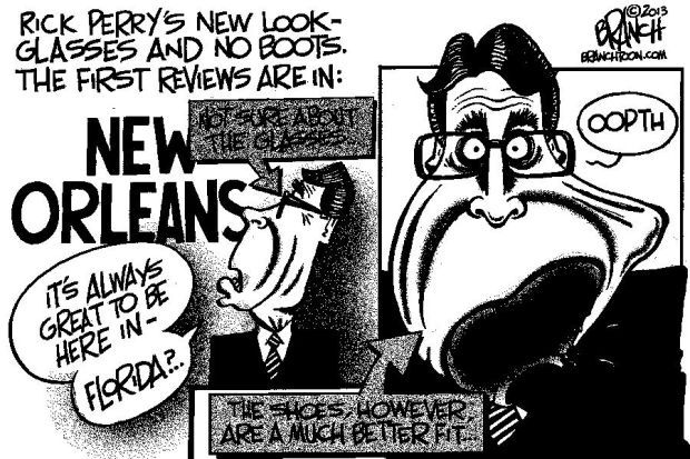 CARTOON: Perry's new look includes glasses, foot in mouth