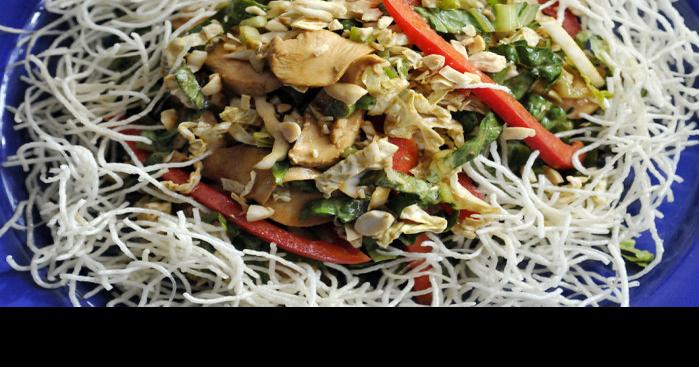 Puffed rice stick noodles add crunch to Chinese chicken salad