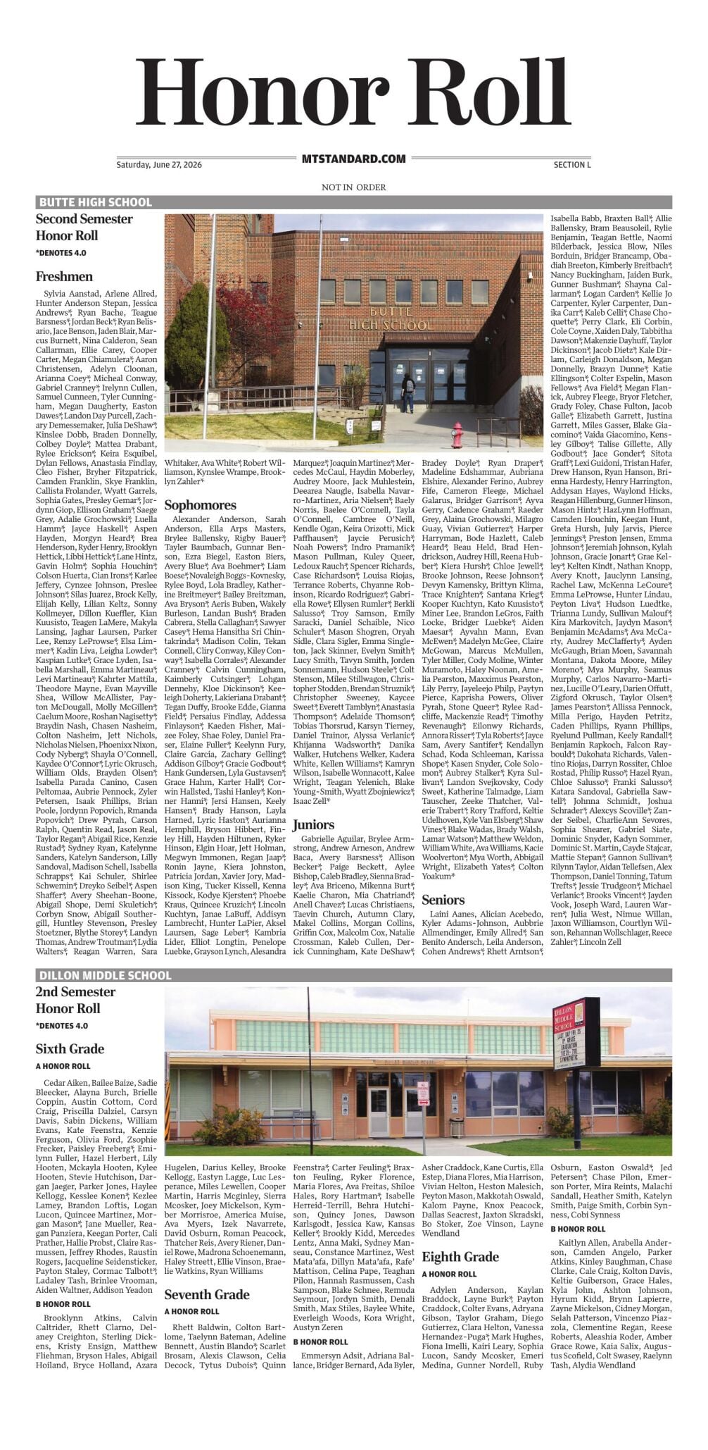Southwest Montana Spring Honor Roll