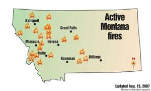 MAP of major fires burning in Montana - Updated Aug. 15, 2007