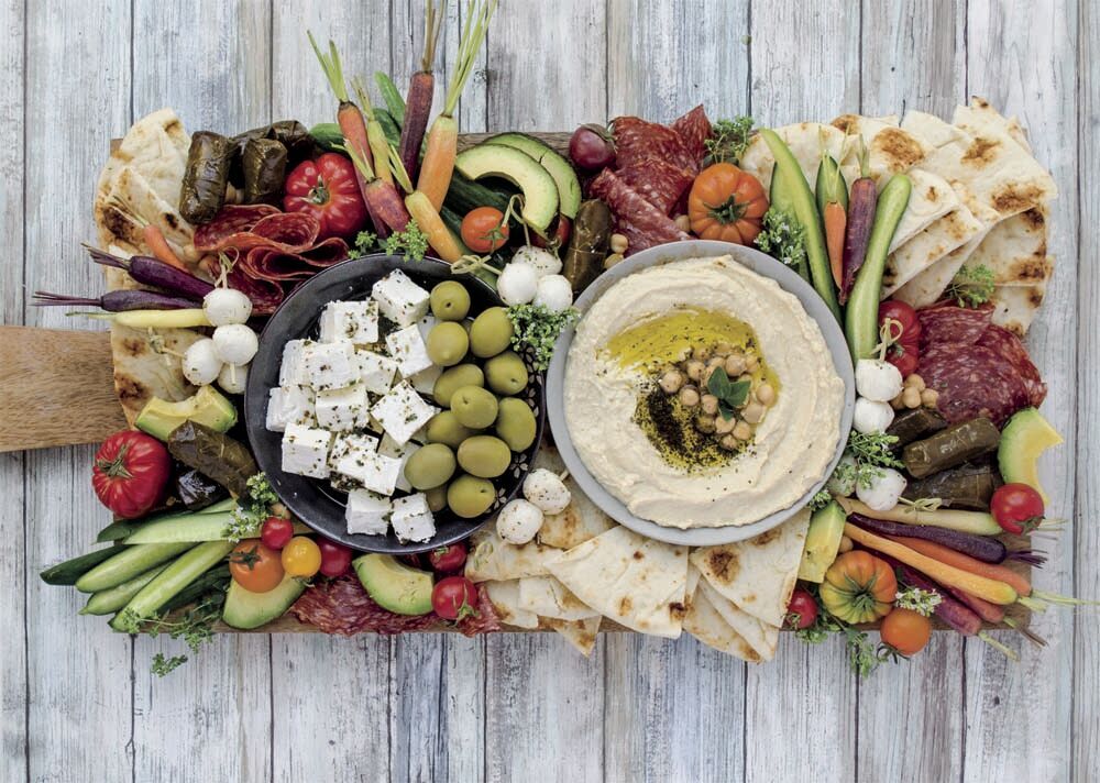 Mediterranean Mezze — hearty vegetable, pita and hummus board