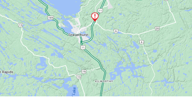 Highway 11 southbound reduced to one lane in Gravenhurst