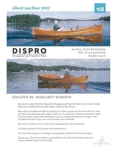 1925 Dippy boat on auction block at Port Carling library