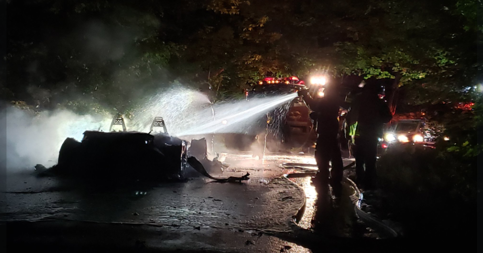 Vehicle fire ignites on tree-lined street in Muskoka Lakes