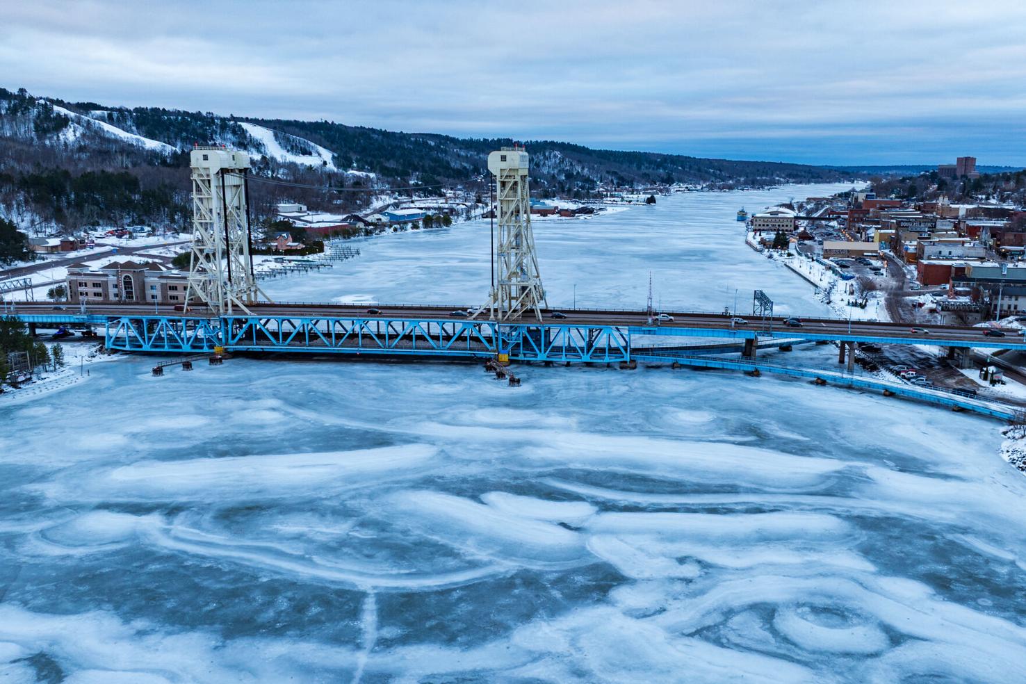 Portage Lake Lift Bridge lower deck opened for snowmobile crossing ...