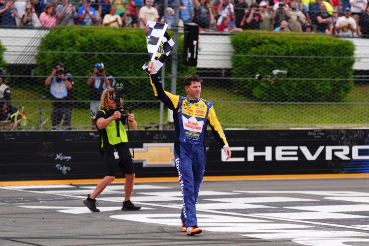 Denny Hamlin wins the NASCAR Cup race at Pocono for his third straight ...