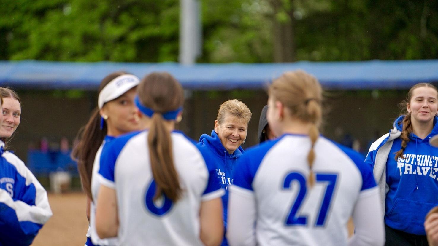 Southington Blue Knights softball coach Michelle Boisvert smiles as she ...