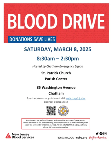 Donate blood Saturday at Chatham's St. Patrick Church | News | newjerseyhills.com