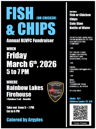 Rainbow Lakes Fire Department to host annual Fish & Chips fundraiser in ...