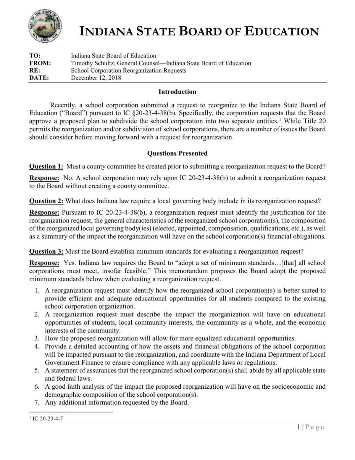 Indiana SBOE School Corp Reorganization Memo | | newsandtribune.com