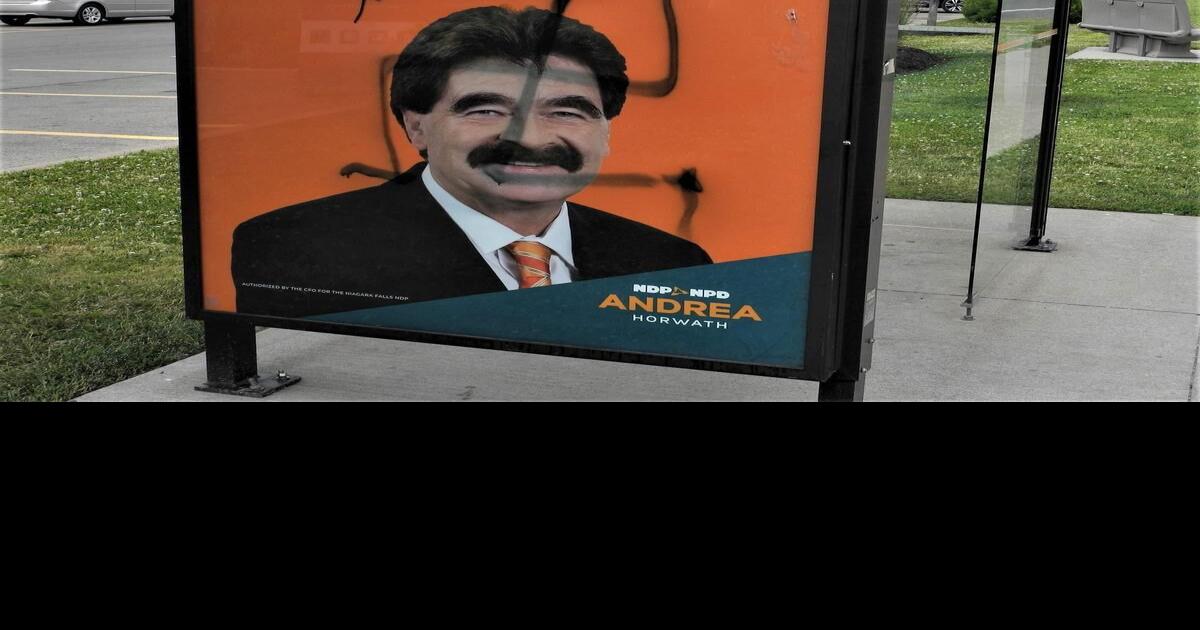 Advertisement of Niagara Falls MPP Wayne Gates vandalized with swastika