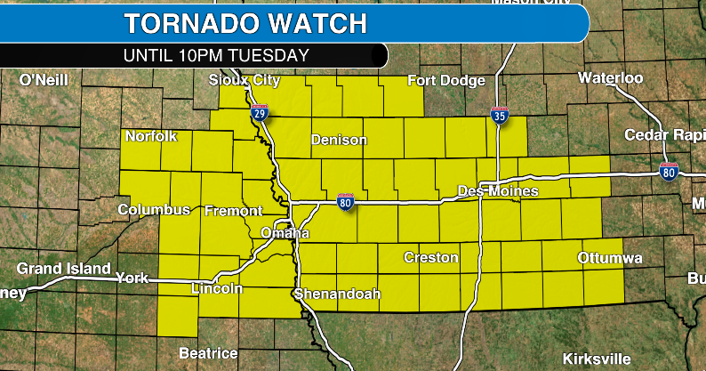 Tornado watch in effect for eastern Nebraska & western Iowa
