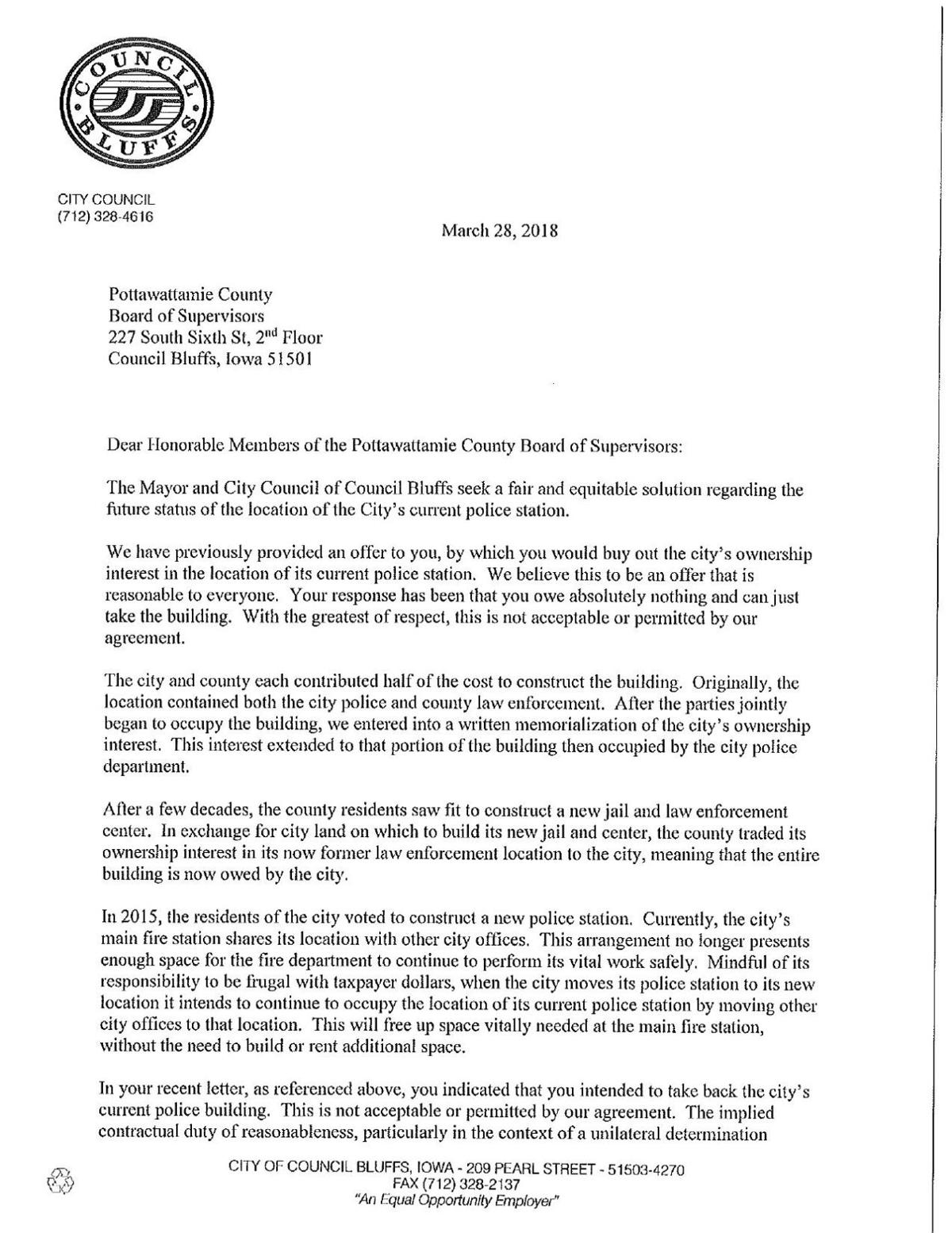 City letter to Board of Supervisors