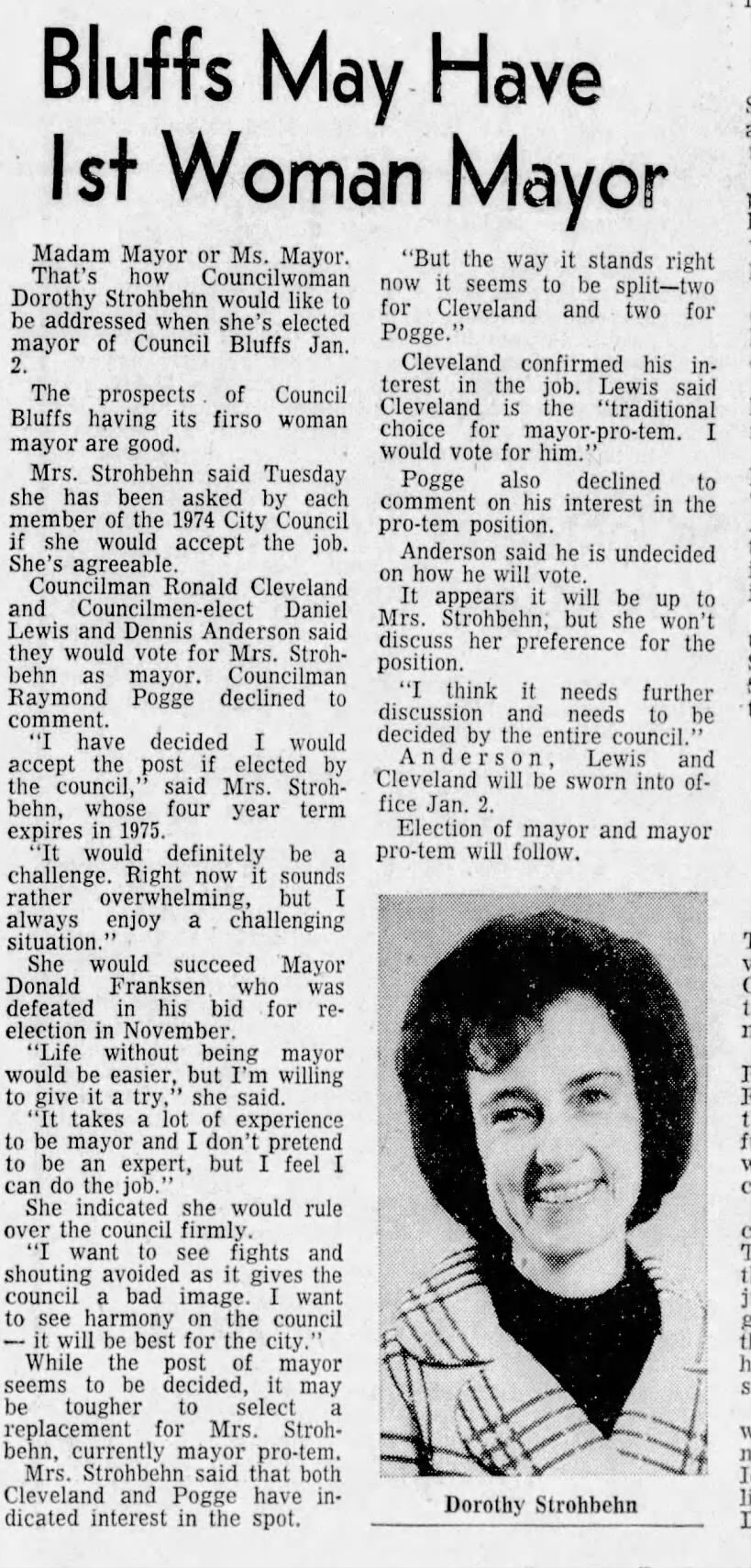 Dorothy Strohbehn, Council Bluffs' first female mayor