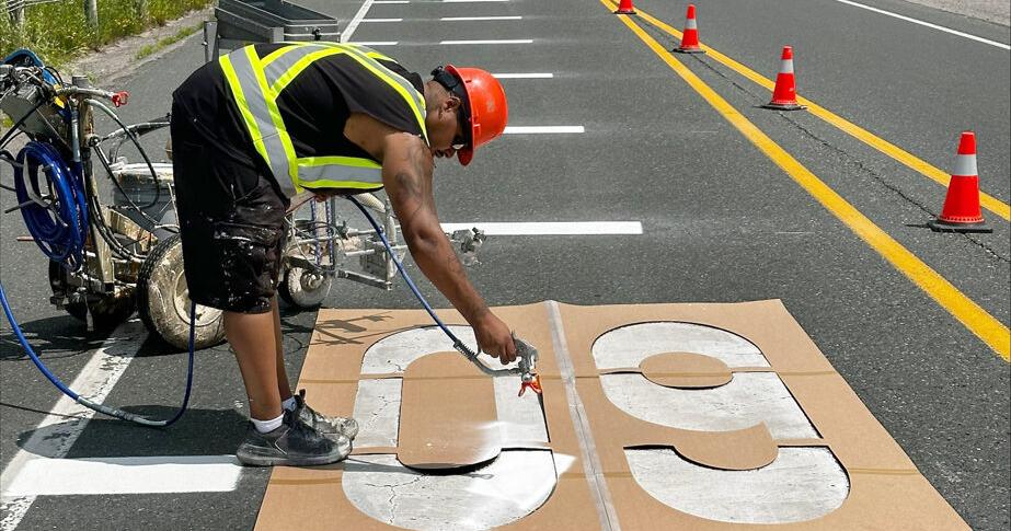 Roadway line painting underway