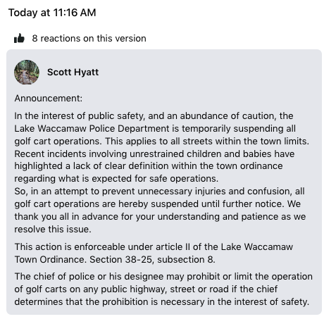 Lake police chief revises post, says golf cart ‘suspension’ was a ‘joke ...