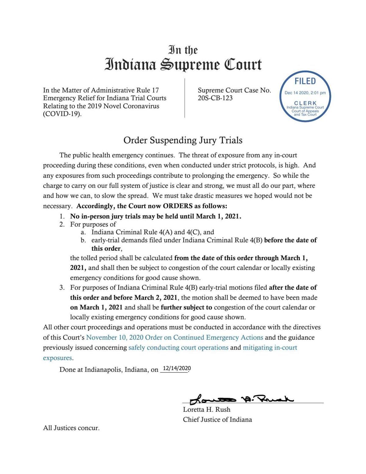 All Indiana jury trials suspended until March 1 due to COVID-19