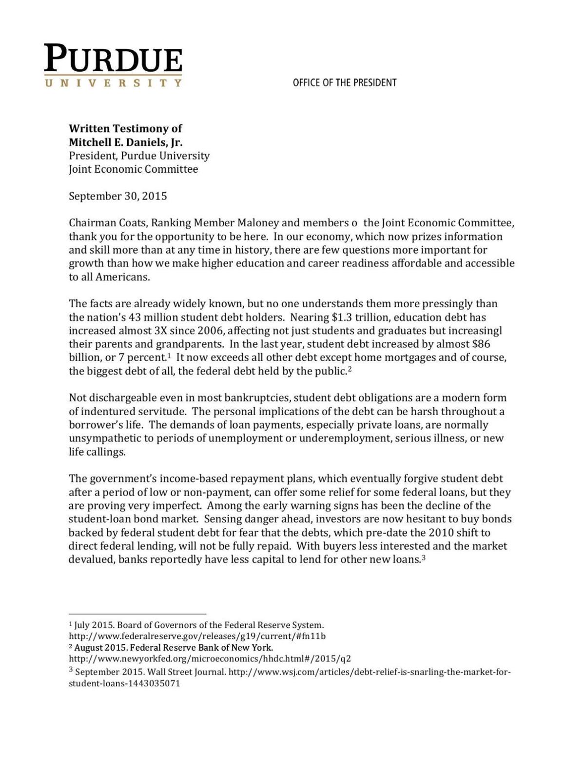 Mitch Daniels written testimony to Joint Economic Committee