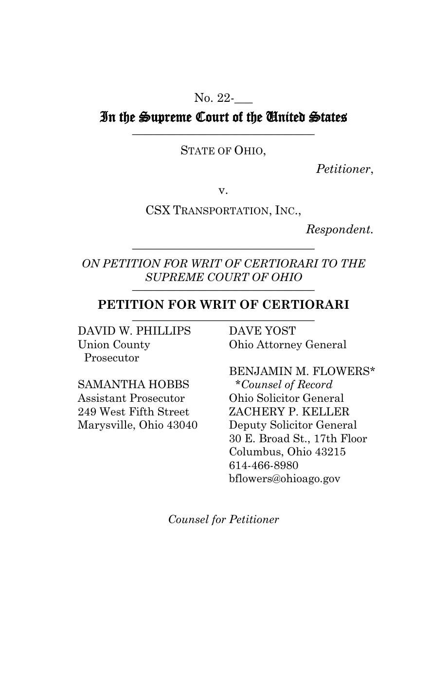 Ohio v. CSX petition for certiorari