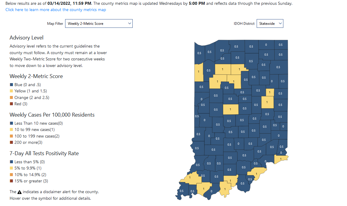 Nearly all of Indiana rated for low spread of COVID-19