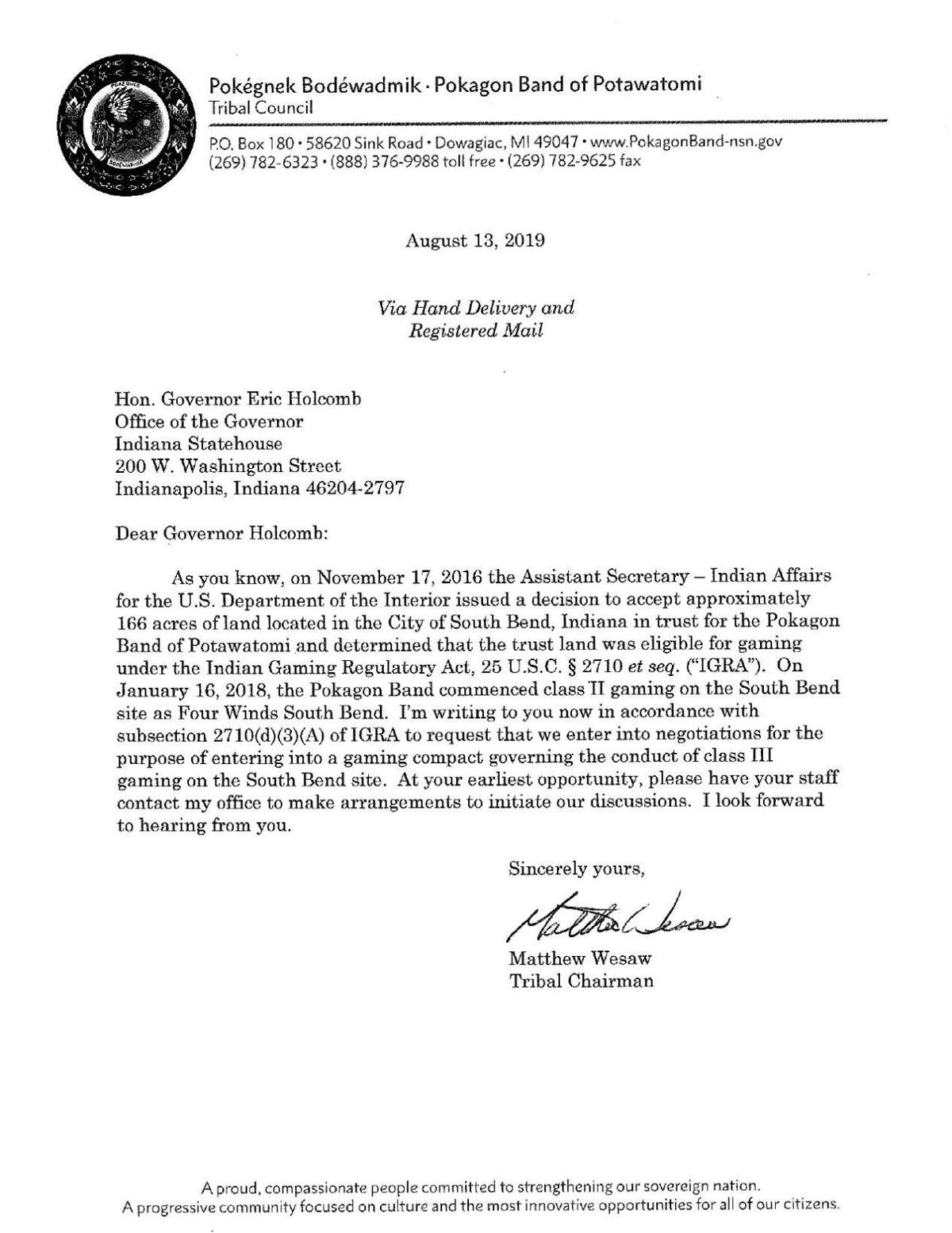 Letter from Pokagon Band requesting negotiations on tribal-state compact