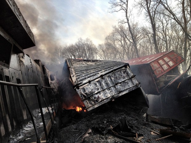 Three freight trains crash in fiery mess