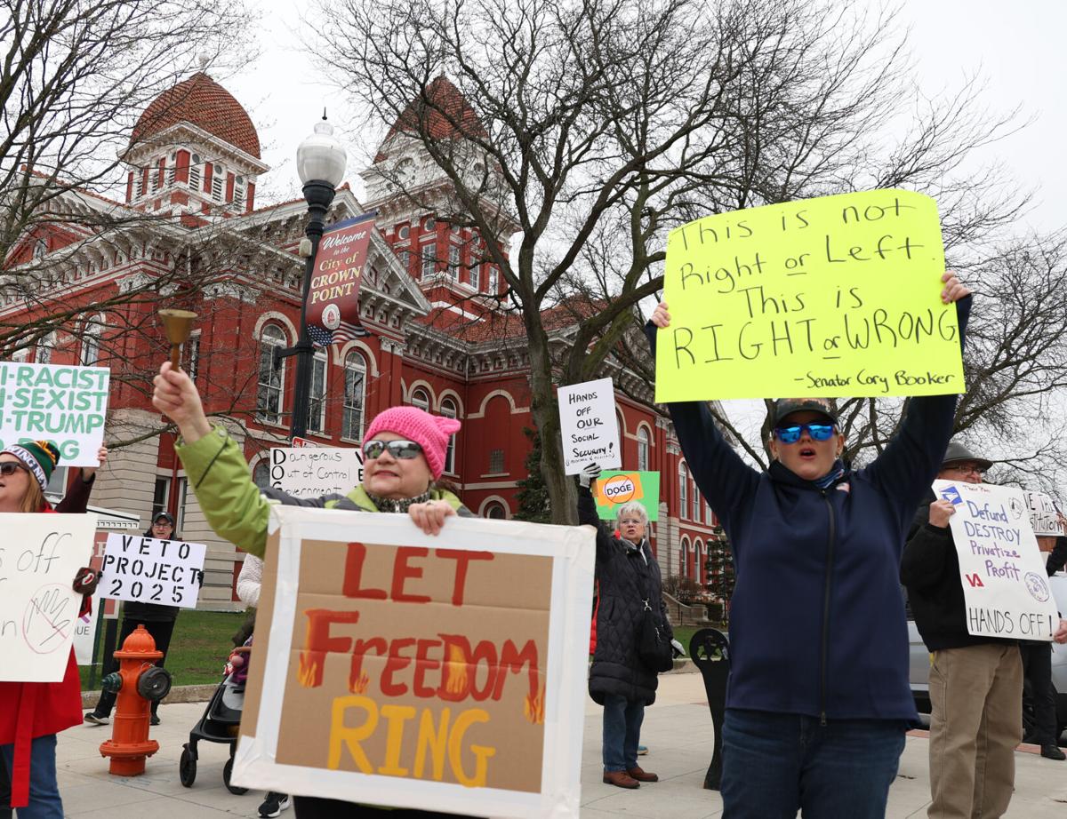 Hundreds in Crown Point protest Trump in 'Hands Off!' rally