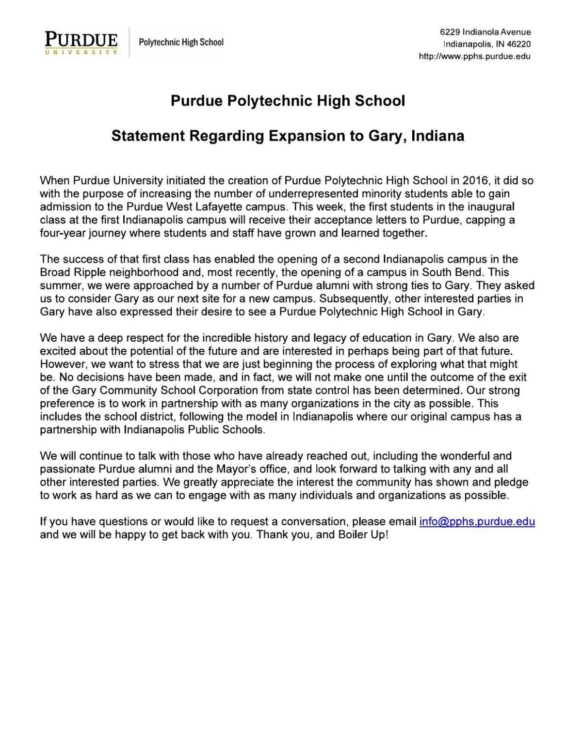 Purdue Polytechnic issues clarification on talks of new high school
