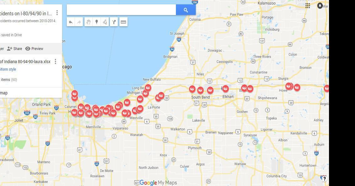 Map: Fatal accidents on I-80/94/90 in Indiana