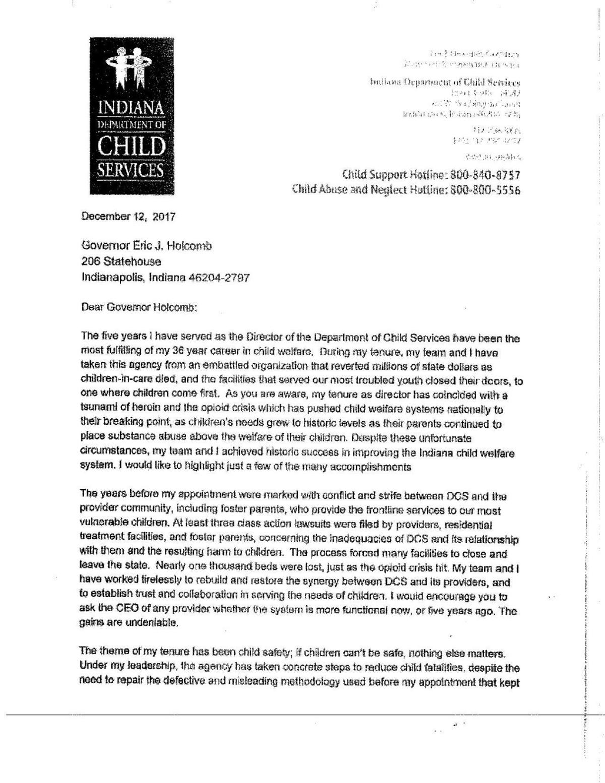 Outgoing child protection agency director claims Holcomb policies 'all but ensure children will die'