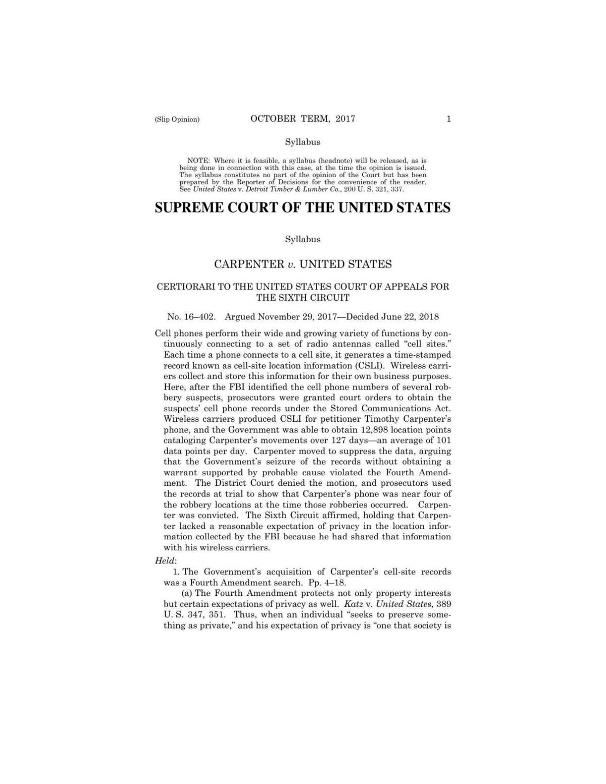 Carpenter V United States Ruling Of U S Supreme Court