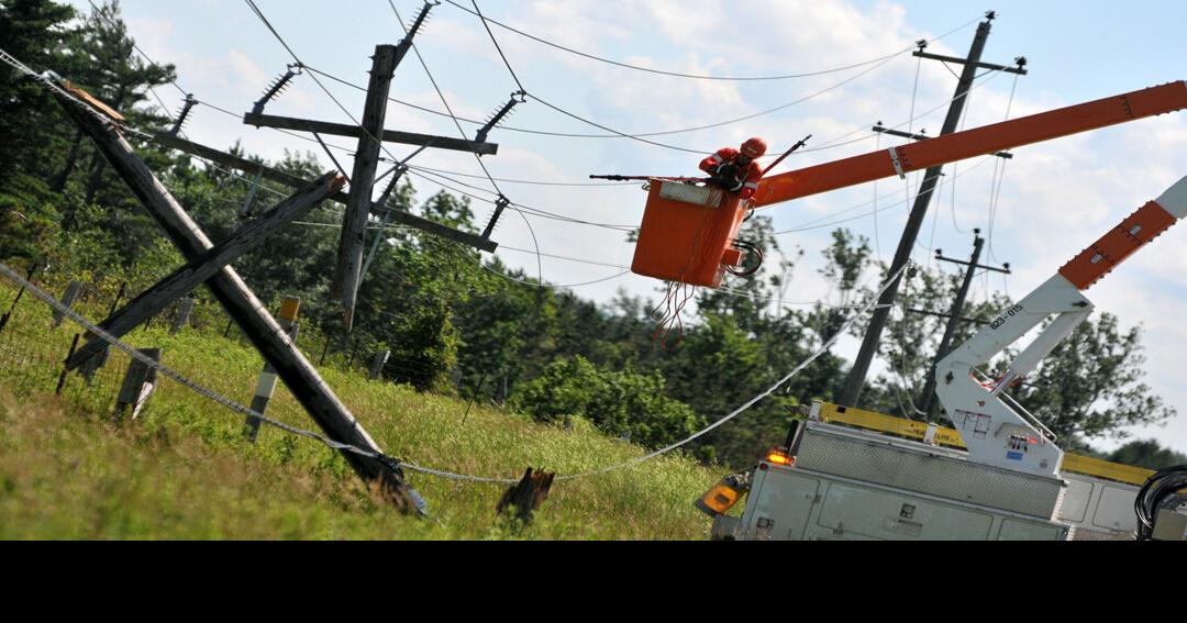 Truck hauling turbine parts takes out hydro pole in Caledon Village