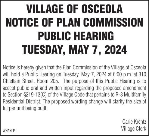 NOTICE OF PLAN COMMISSION PUBLIC HEARING | Public Notices | osceolasun.com