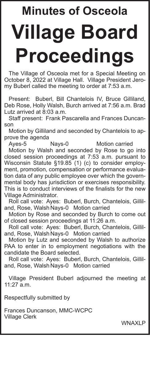 Minutes of Osceola Village Board Proceedings | Public Notices ...