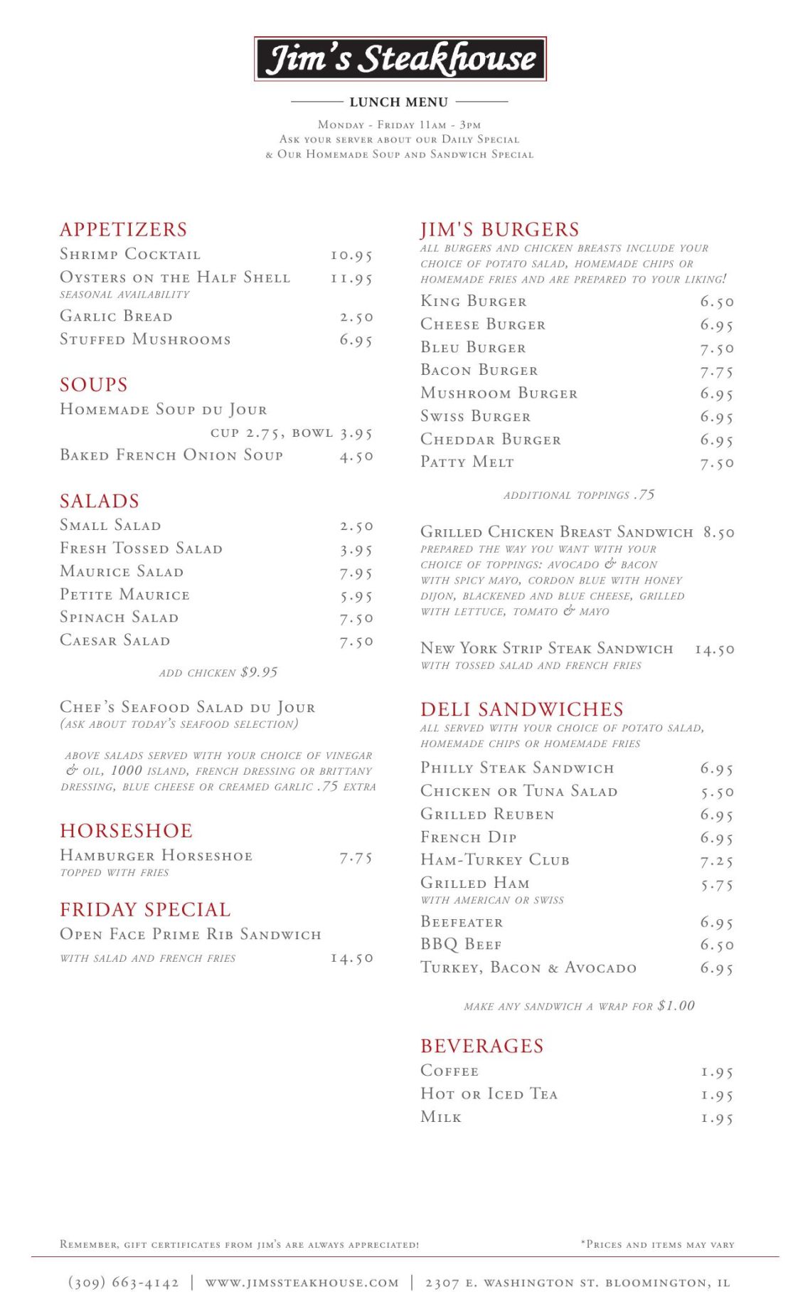 Jim's Steakhouse Menu
