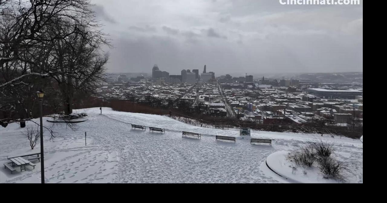 Take a drone flight over snow-covered Cincinnati and Blue Ash