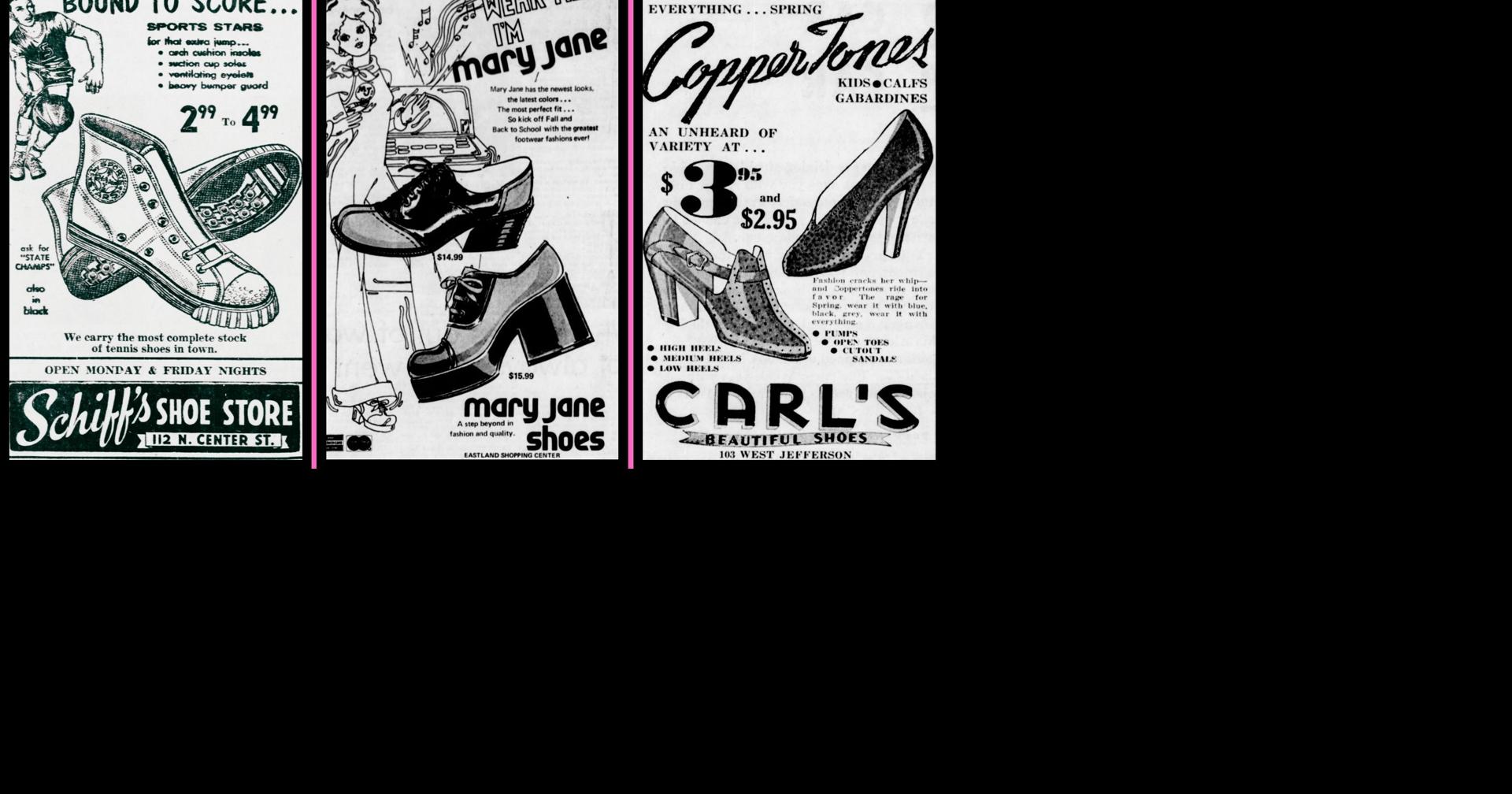 Vintage Pantagraph newspaper shoe ads from 1890s to 1990s