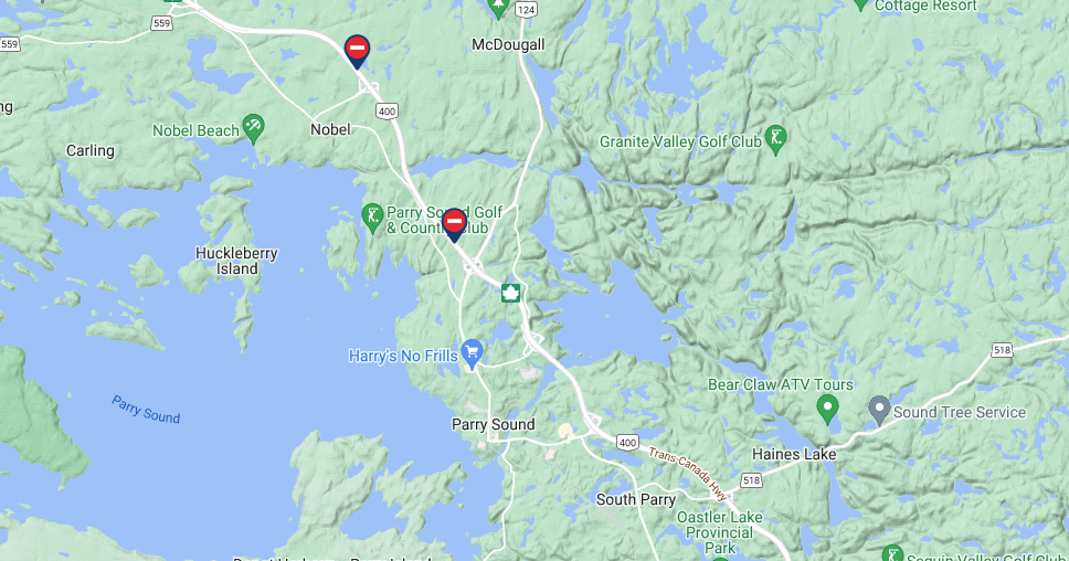 Hwy 400 southbound lanes, off ramp reopens at north end of Parry Sound