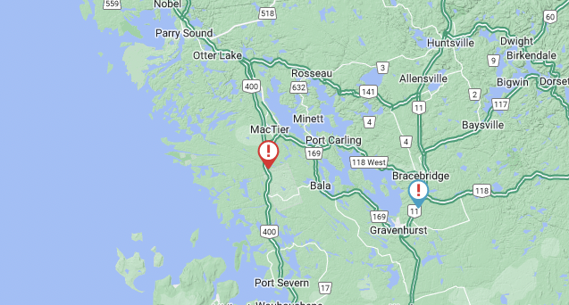 Highway 400 north back to 2 lanes south of MacTier in Georgian Bay Township