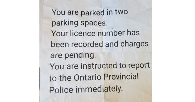 No, police are not threatening charges via notes on Parry Sound parked cars
