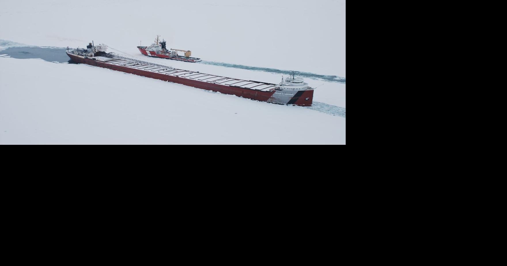 Local coast guard frees frozen ship