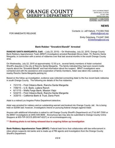 Bank Robber “Snowbird Bandit” Arrested Wednesday in Rancho Santa ...