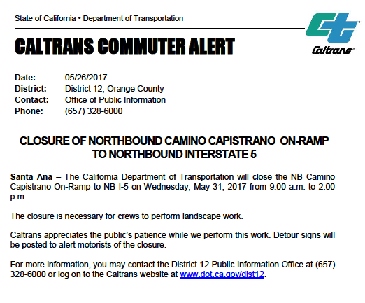Commuter Alert: NB Camino Capistrano On-Ramp to NB I-5 Closed May 31 ...