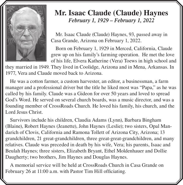 Mr. Isaac Claude (Claude) Haynes | Obituaries | pinalcentral.com
