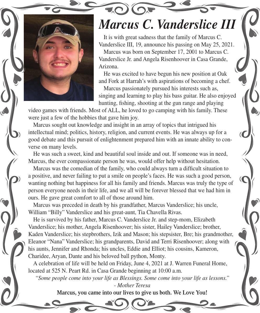 Marcus C. Vanderslice III | Obituaries | pinalcentral.com